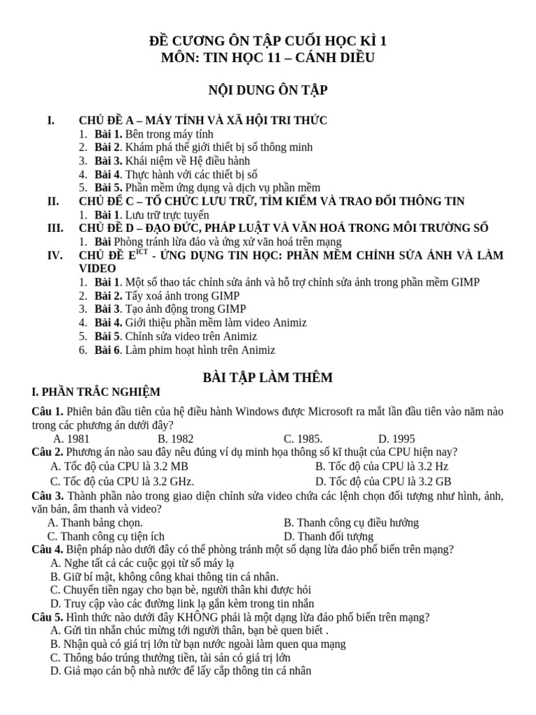 ĐỀ CƯƠNG KT HK 1 K11 MÔN TIN HỌC HS | PDF