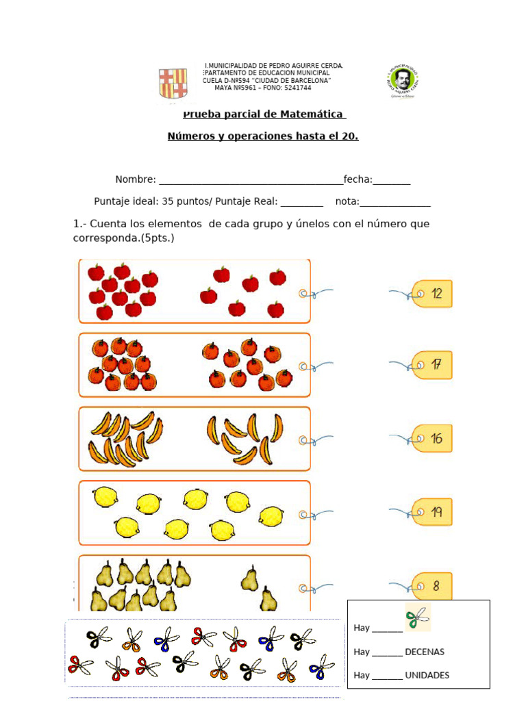 Prueba de Matemáticas: Números hasta 20 | PDF