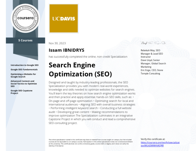SEO Specialization Certificate | PDF | Search Engine Optimization ...