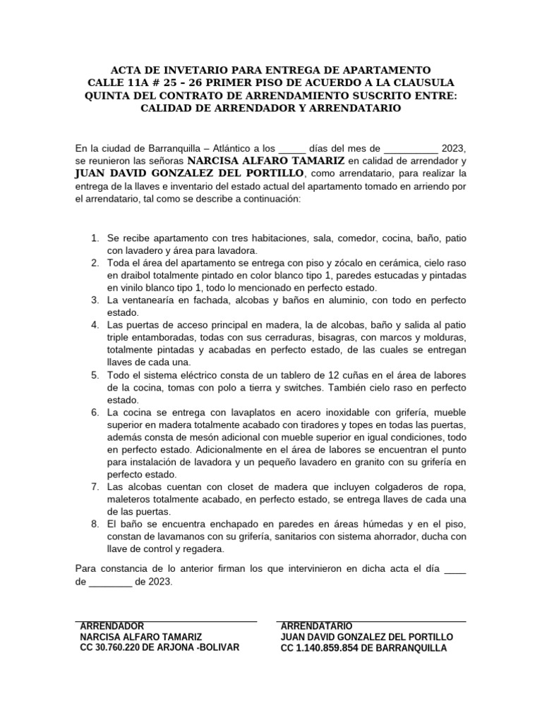 Acta de Invetario para Entrega de Apartamento Calle 11a | PDF | Inicio