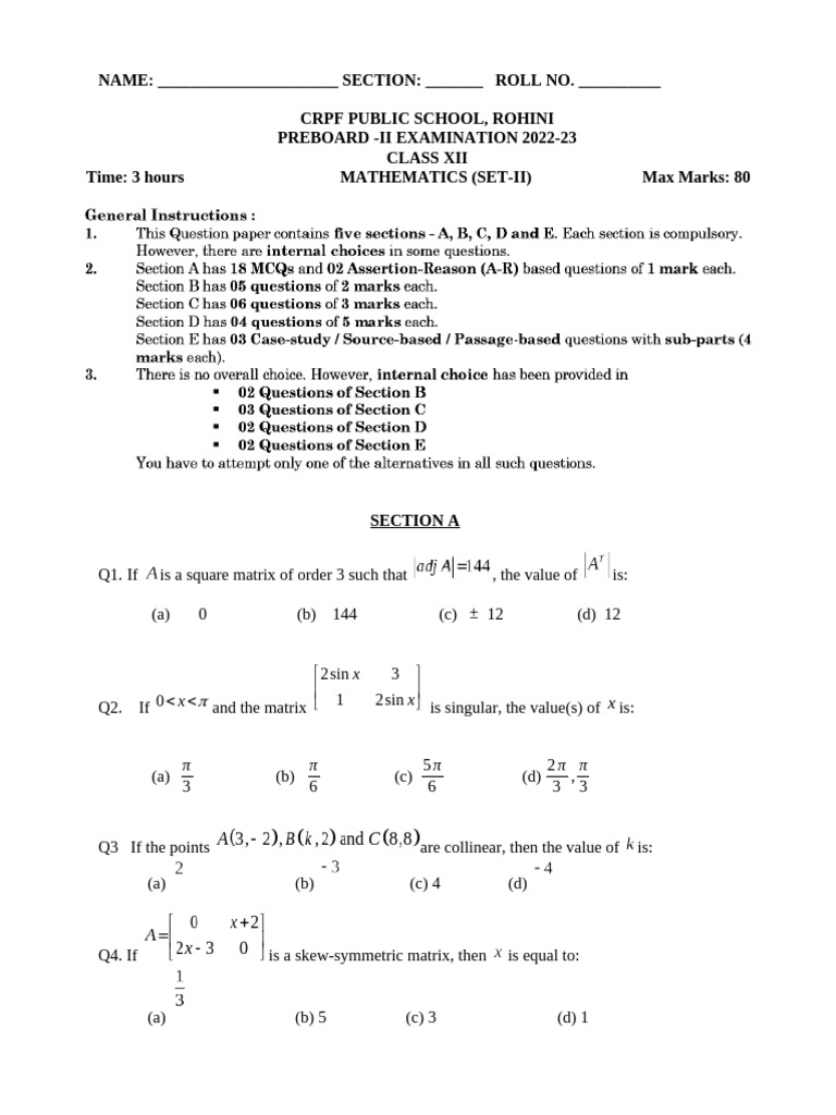 Class XII Math Preboard Exam | PDF | Function (Mathematics) | Area