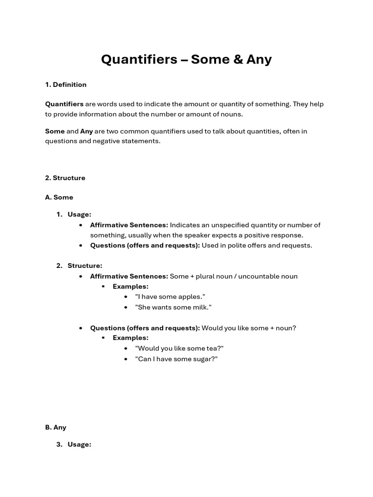 Quantifiers – Some & Any | PDF | Quantity | Noun