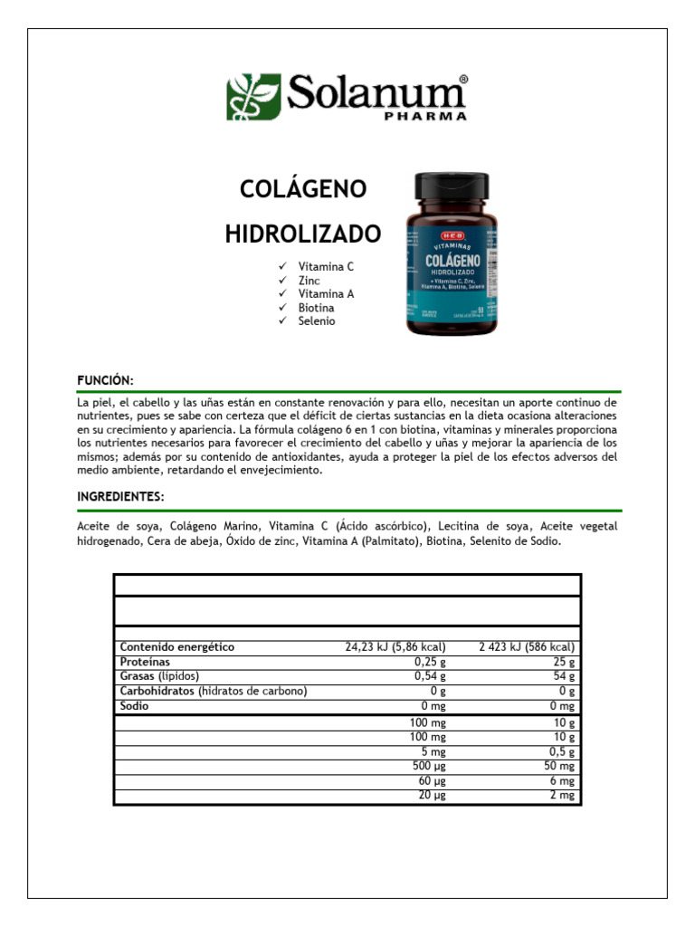 COLÁGENO HIDROLIZADO HEB 50 SG FTB Alta | PDF | Colágeno | Vitamina C