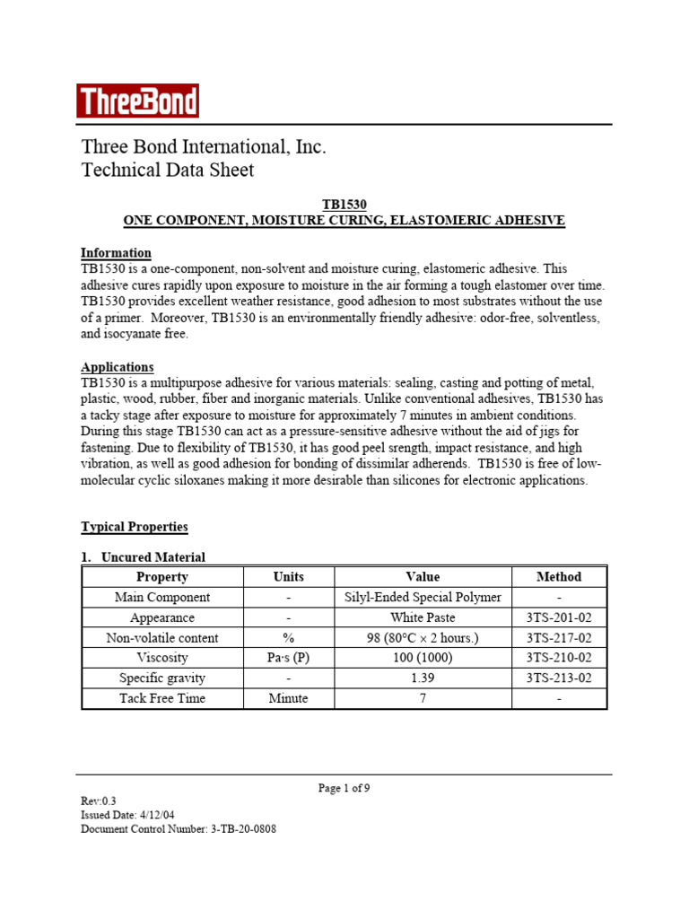 ThreeBond 1530 Moisture Curing Elasomeric Adhesive | PDF | Adhesive ...