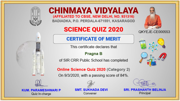 Certificate For Pragna B Chinmaya Vidyalaya | PDF