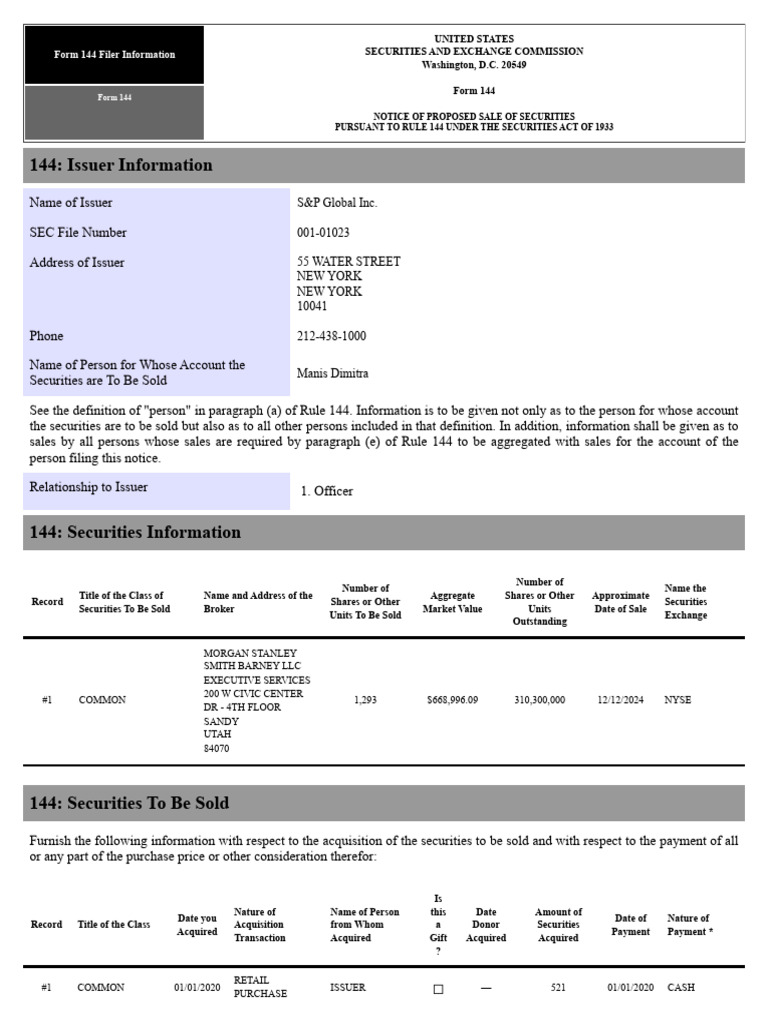 144: Issuer Information: S&P Global Inc. 001-01023 55 Water Street New ...
