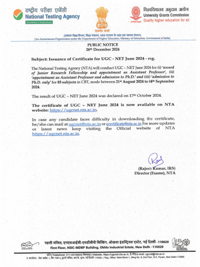 Public Notice Issuance of Cert For Ugc Net June 2024 UqoBhccu8jQRcCR | PDF