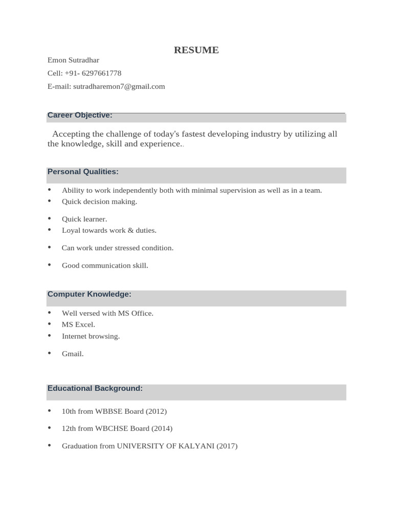 RESUME Emon sutradhar.docx. | PDF