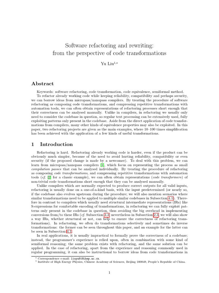 Software Refactoring and Rewriting - From The Perspective of Code Transformations | PDF ...