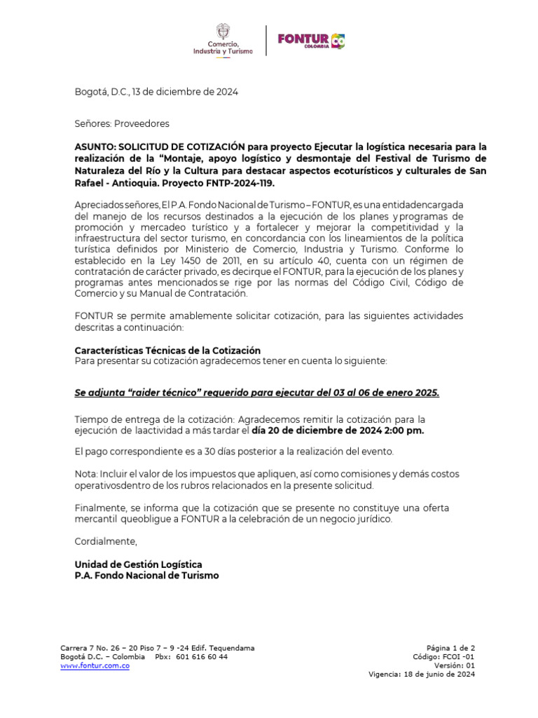 Invitación A Cotizar Festival 2024 VF | PDF | Turismo | Bogotá