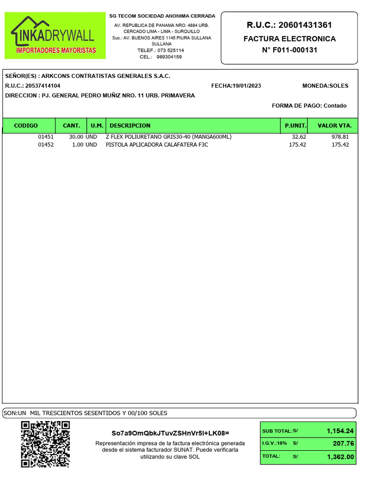 Factura Electrónica de Arkcons S.A.C. | PDF