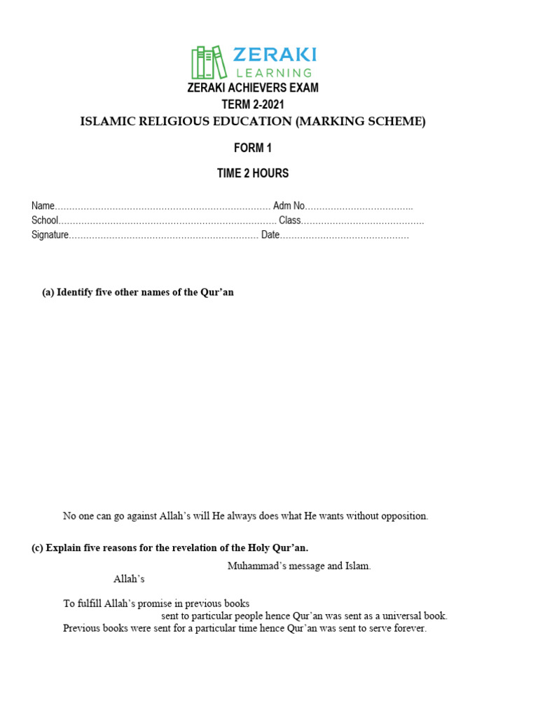 I.R.E. - I.R.E Form 1-Zeraki Achievers 4.0 - Marking Scheme | PDF ...