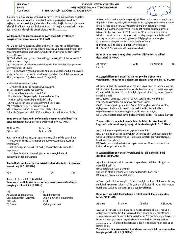 2020-2021 8. S N F T RK e 1. D Nem 1. Yaz L Sorular | PDF