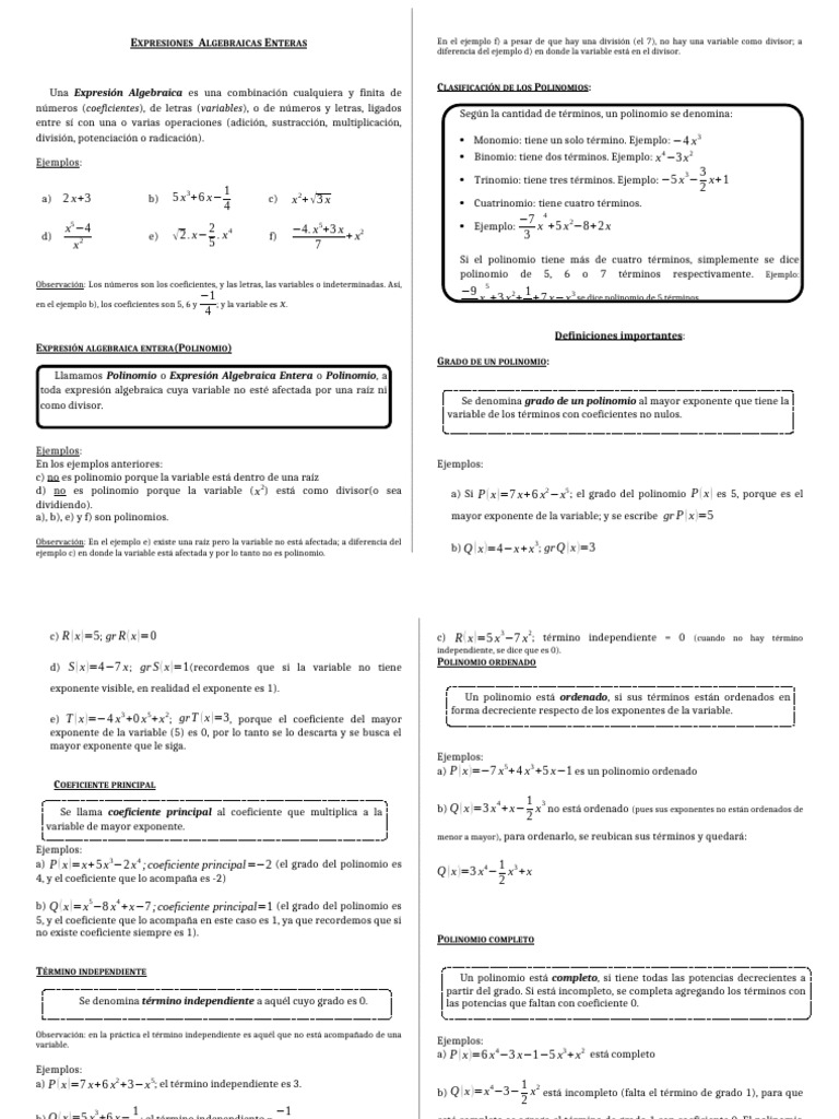 Expresiones Algebraicas Enteras (Generalidades) | PDF | Variable (Matemáticas) | Polinomio