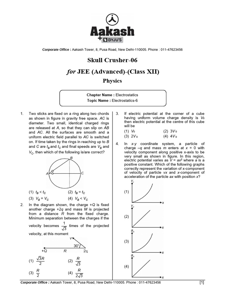 JEE Advanced Physics: Electrostatics Problems | PDF | Quantity ...