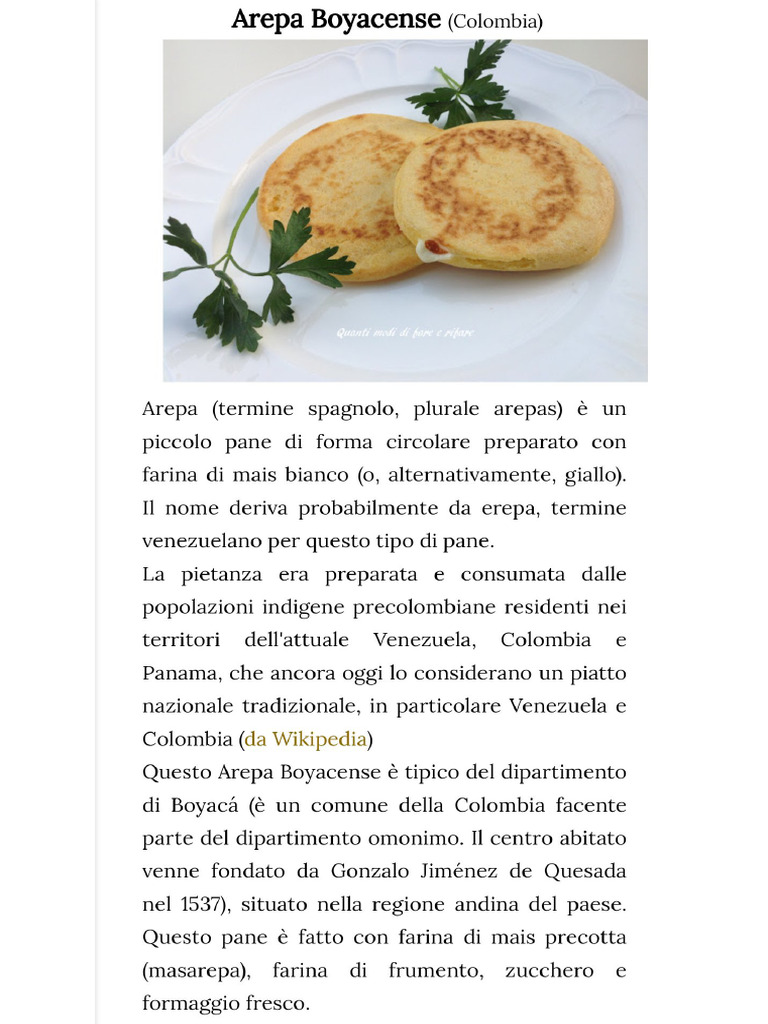Ricetta Pane Arepa Boyacense (Colombia) | PDF