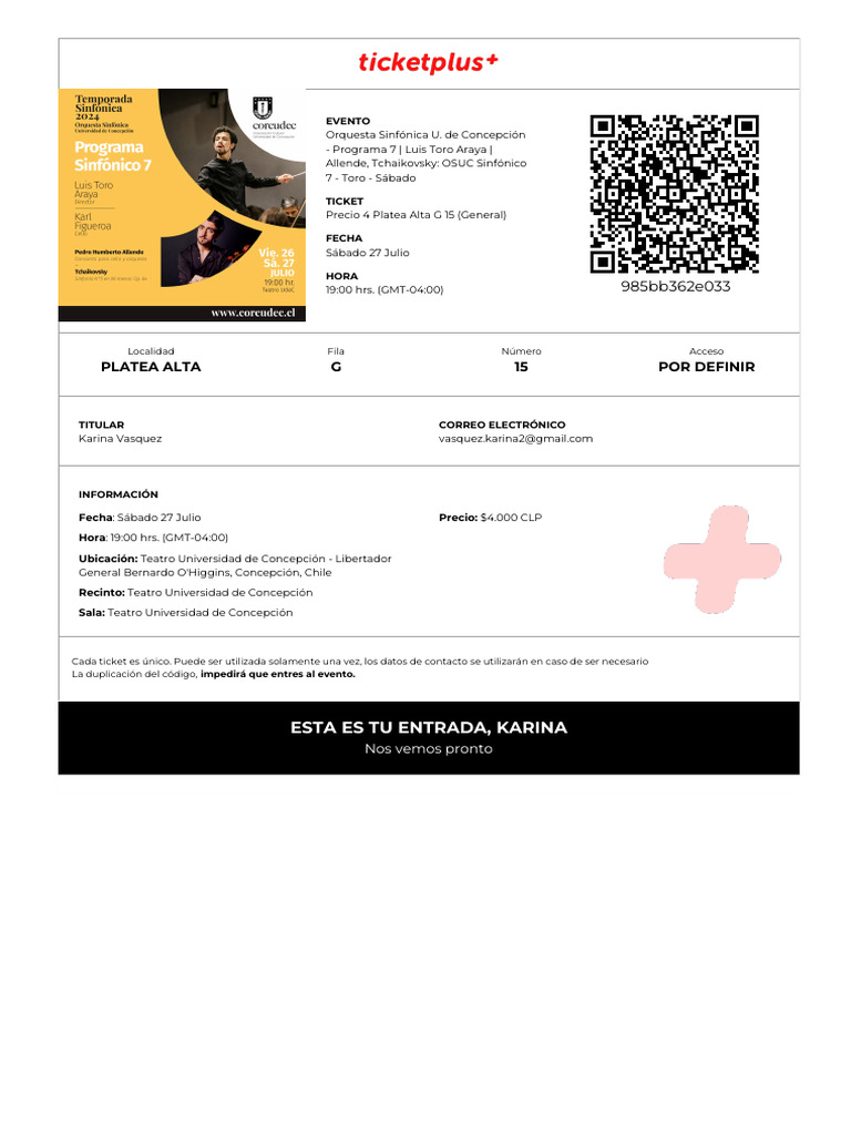 Platea Alta G 15 Por Definir: Esta Es Tu Entrada, Karina | PDF