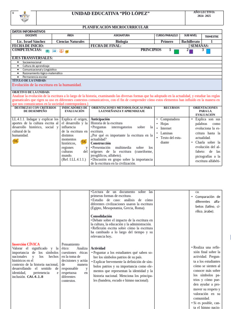Ejemplo Formato - Planificacion Microcurricular 2024-2025 | PDF | Evaluación | Escritura