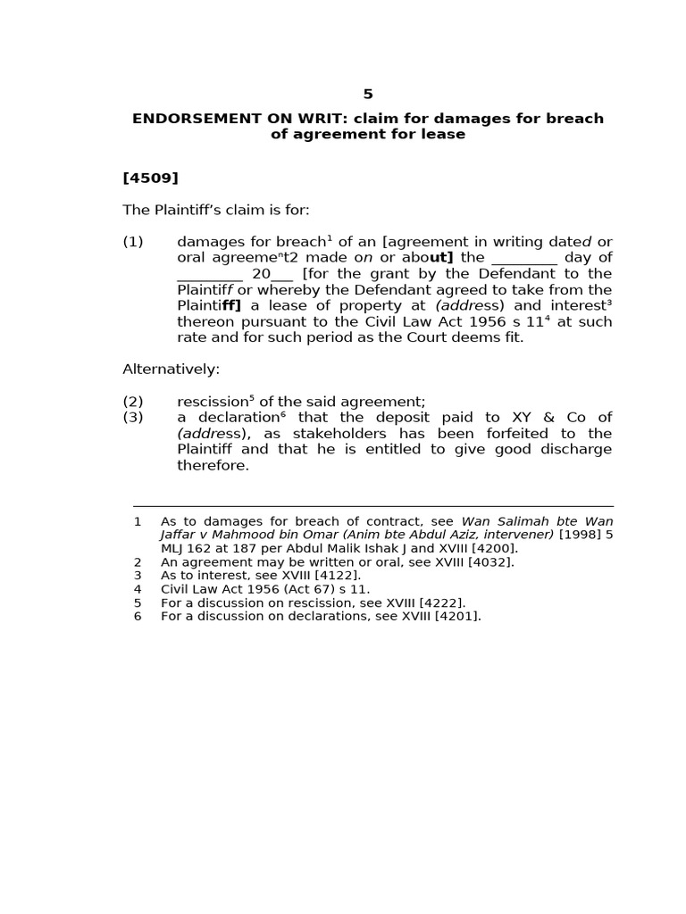 5 INDORSEMENT On WRIT Claim For Declaration, Specific Performance and Damages, or Rescission | PDF