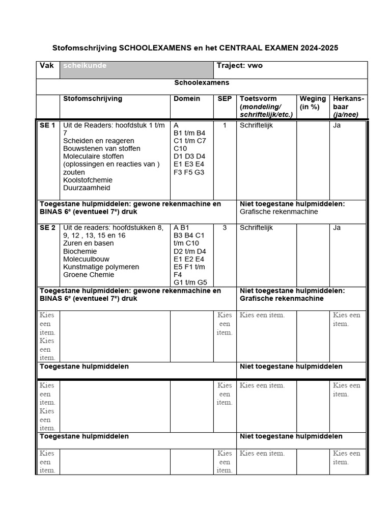 PTA Vwo Stofomschrijving SE 2024-2025 Scheikunde | PDF