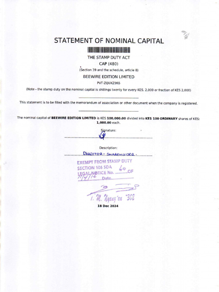 Statement of Nominal Capital | PDF