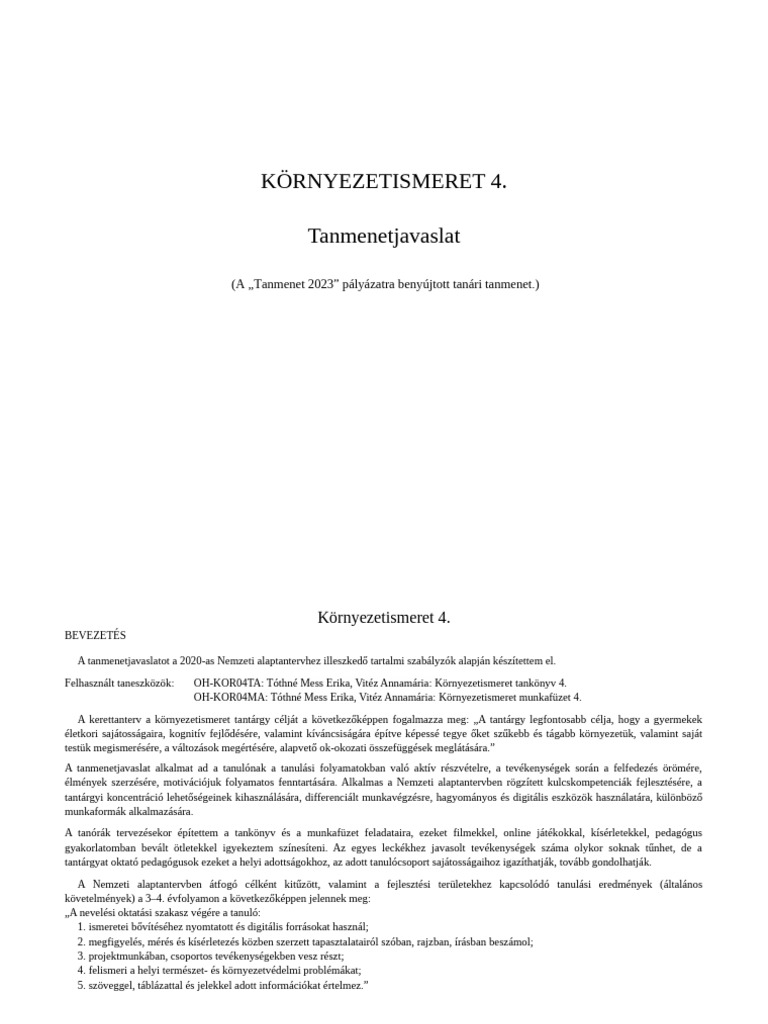 Kornyezetismeret 4 Tanmenet | PDF