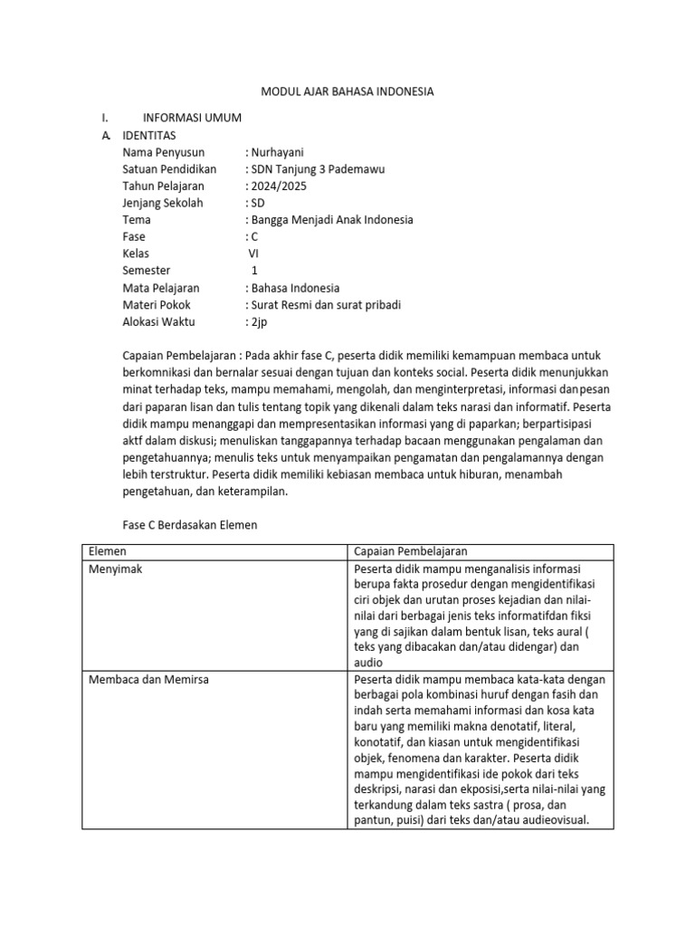 MODUL AJAR BAHASA INDONESIA KLS 6 Fix | PDF