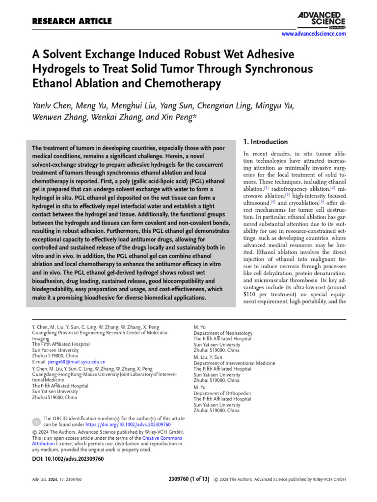 A Solvent Exchange Induced Robust Wet Adhesive Hydrogels To Treat Solid ...
