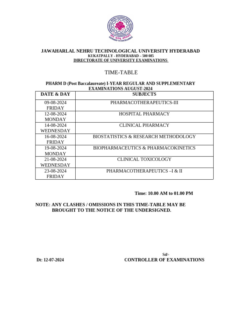 De-240723-103913-Timetable For Pharmd (PB) I Year Reg and Sup Exams August 2024 | PDF
