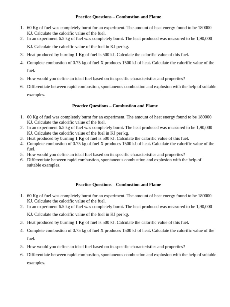 Practice Numericals Combustion and Flame | PDF | Combustion | Fuels