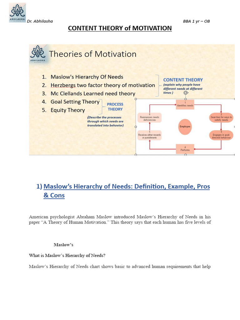 Unit 2 - Hand Out 1 - Content Theory of Motivation - 3 - Maslows ...