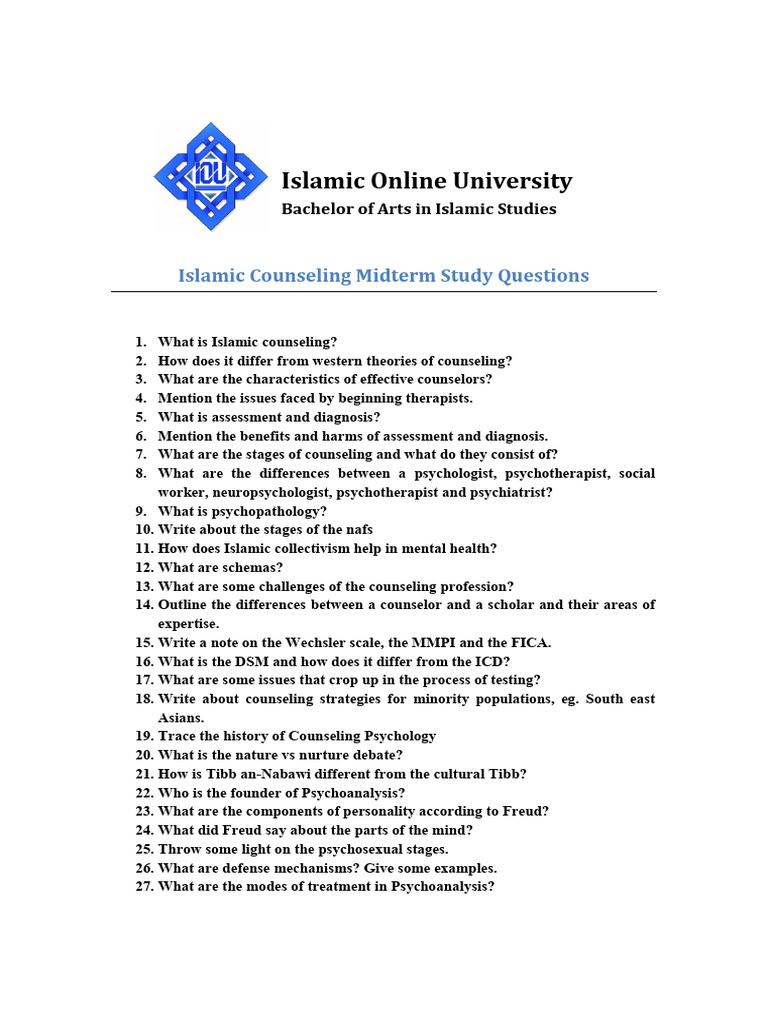 Islamic Counseling Midterm Study Guide | PDF | Psychotherapy ...