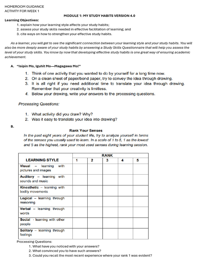 Homeroom Guidance Activity 1.1 | PDF