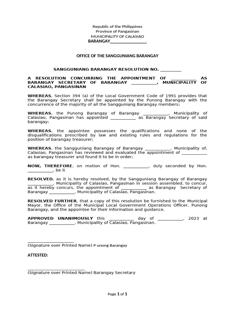 Sangguniang Barangay Resolution Concurring The Appointment of Barangay ...