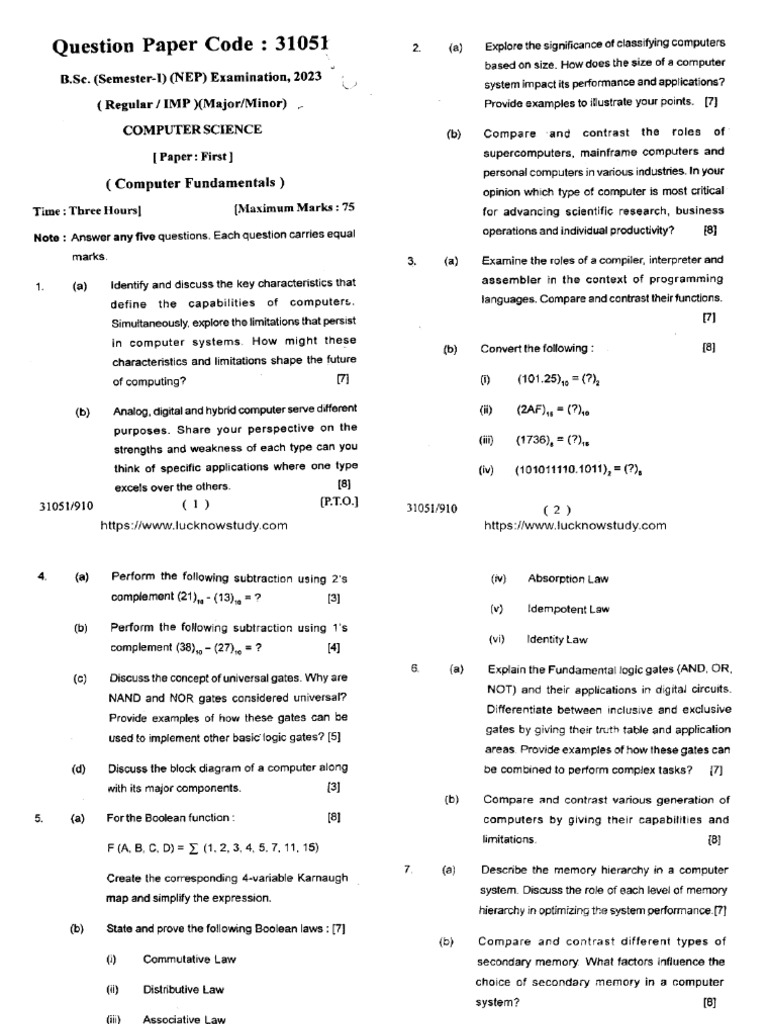 BSC 1 Sem Computer Science p1 Computer Fundamentals 31051 2023 | PDF