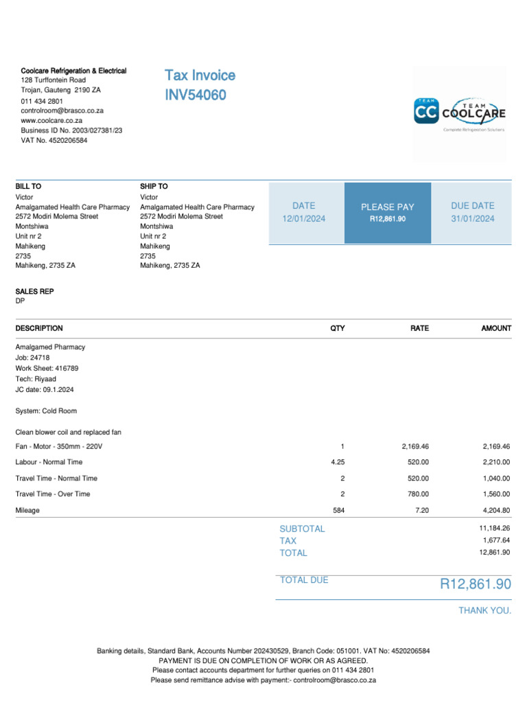Invoice INV54060 From Coolcare Refrigeration Electrical | PDF | Invoice ...