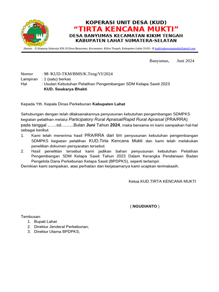 Surat Permohonan Pelatihan SDM Pks TH 2025 | PDF