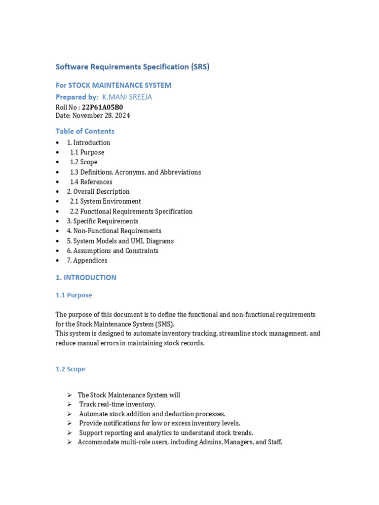 Stock Maintenance System SRS Document | PDF | Specification (Technical ...