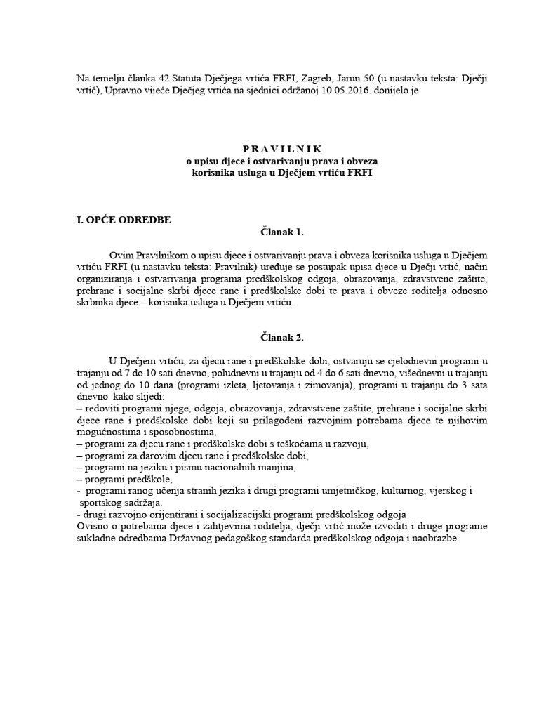 Pravilnik o Upisu Djece 2016. | PDF