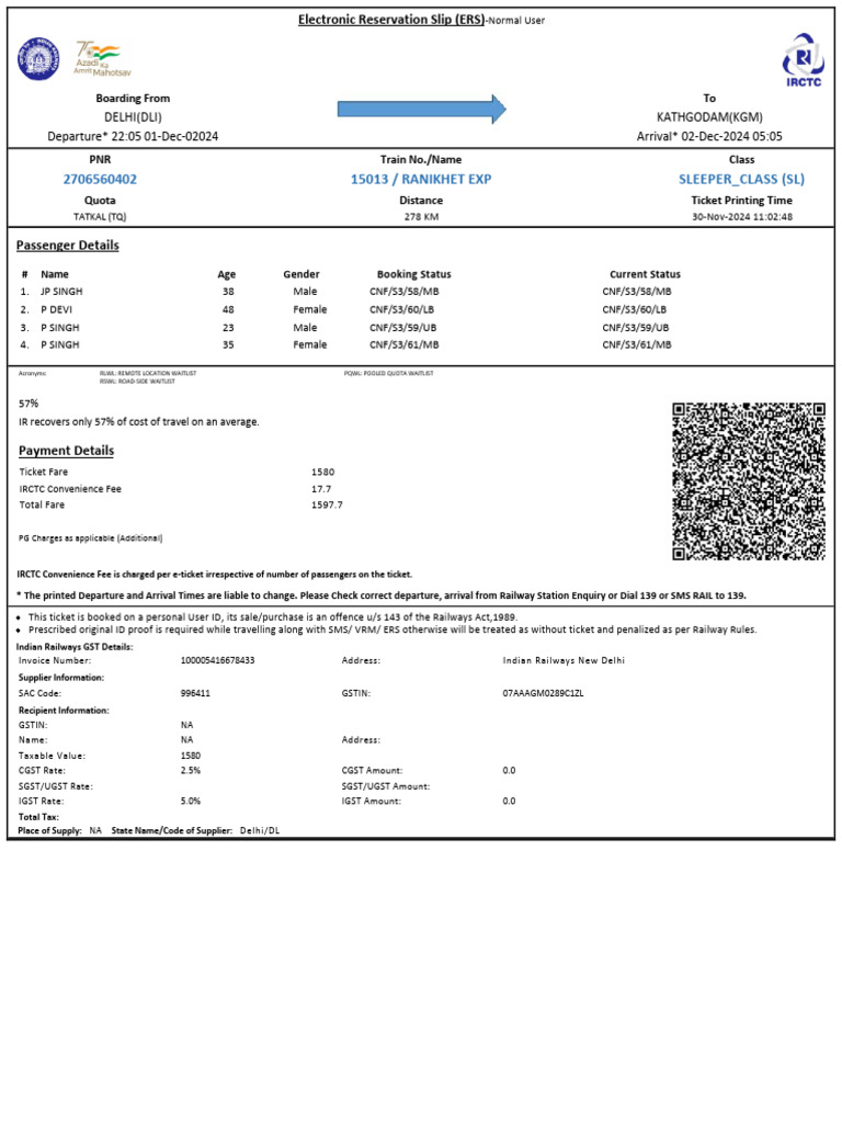 Print Delhi (Dli) Kathgodam (KGM) 2706560402 | PDF | Payments | Taxes