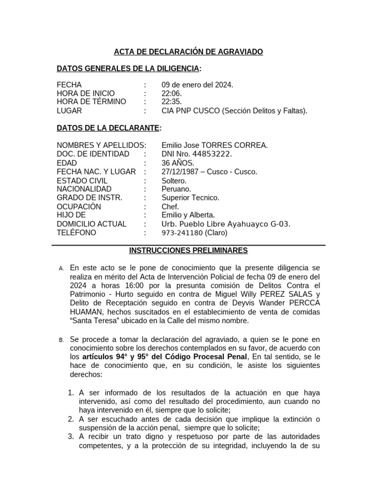 Acta de Declaración de Agraviada Elizabeth Quispe Huillca | PDF