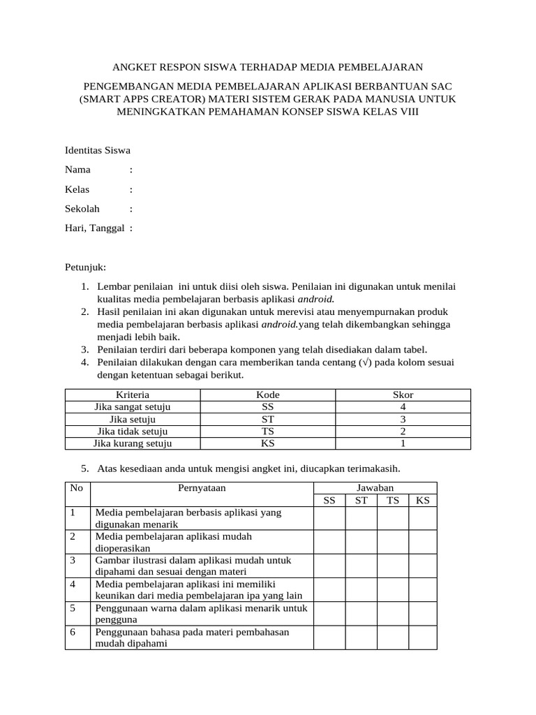 Angket Respon Siswa Terhadap Media Pembelajaran | PDF