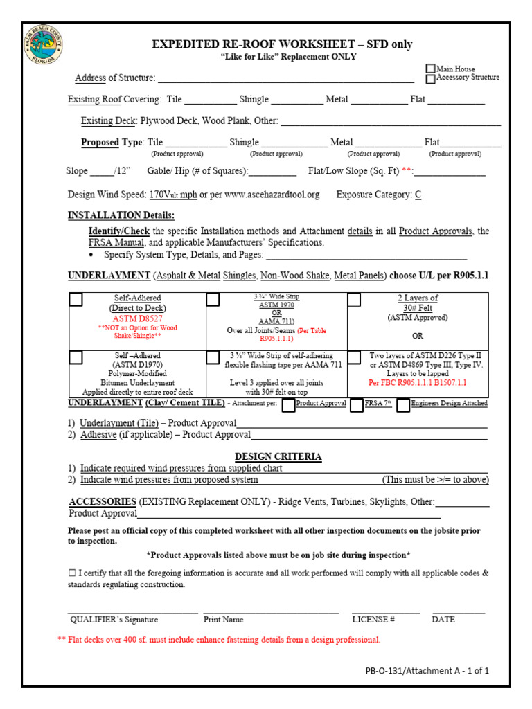 Expedited Re-Roofing Worksheet SFD | PDF | Roof | Building Engineering