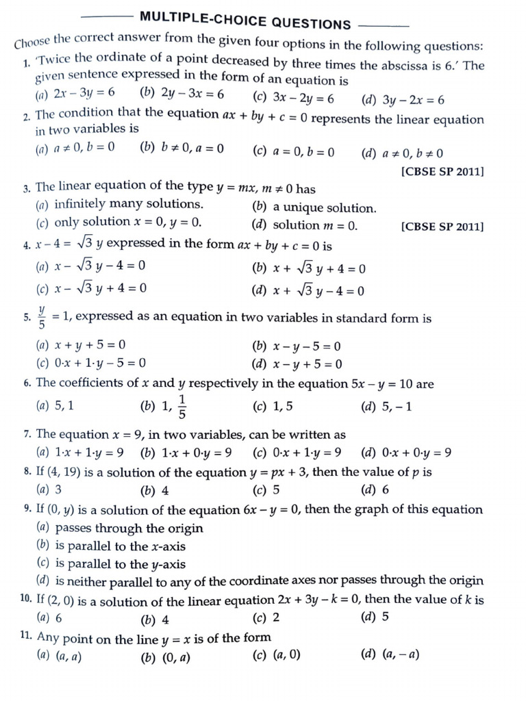 Multiple-Choice Questions on Linear Equations | PDF | Cartesian ...