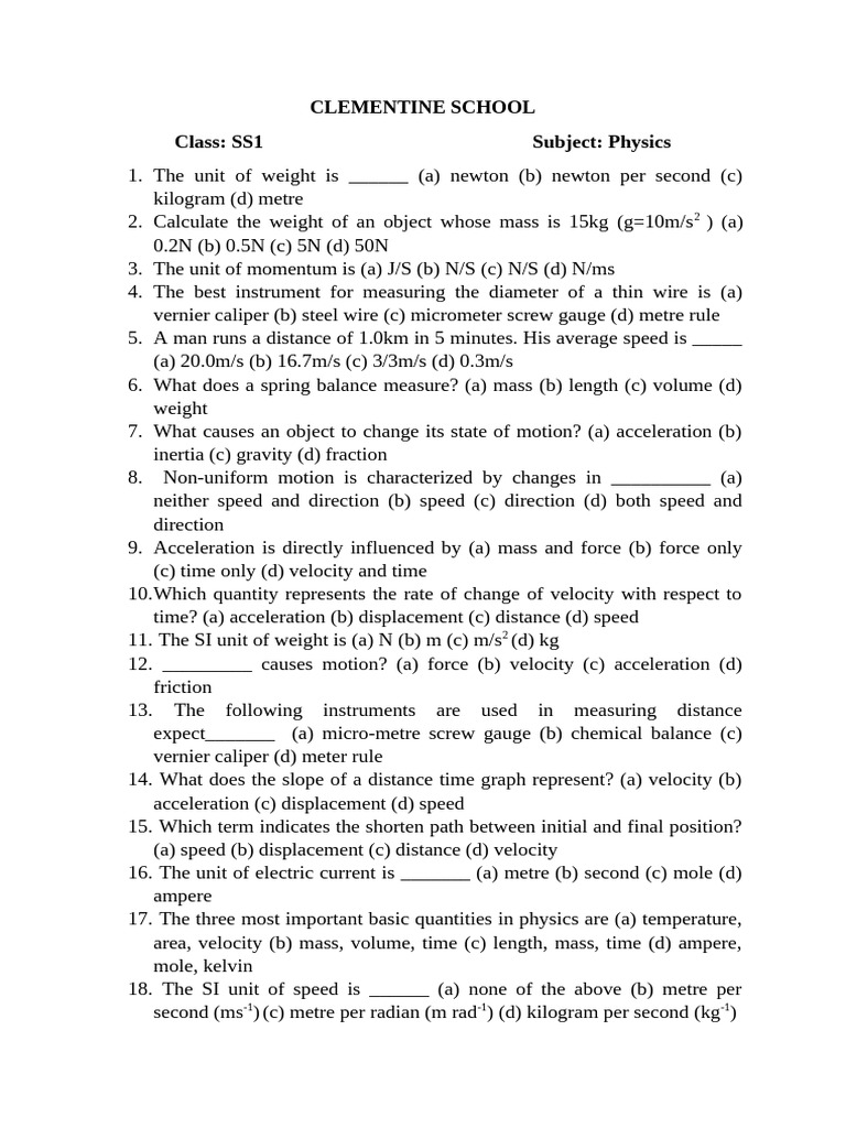 Clementine School Ss1 Physics | PDF | Velocity | Weight