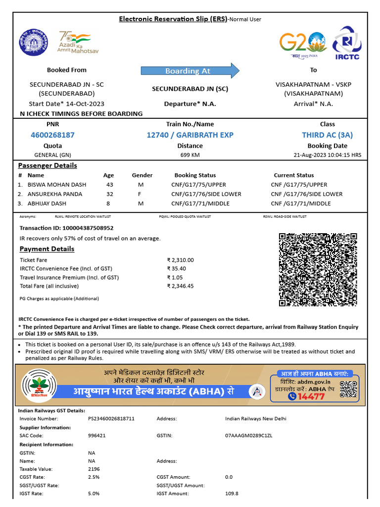 Hyd- Vsa train ticket | PDF | Identity Document | Payments