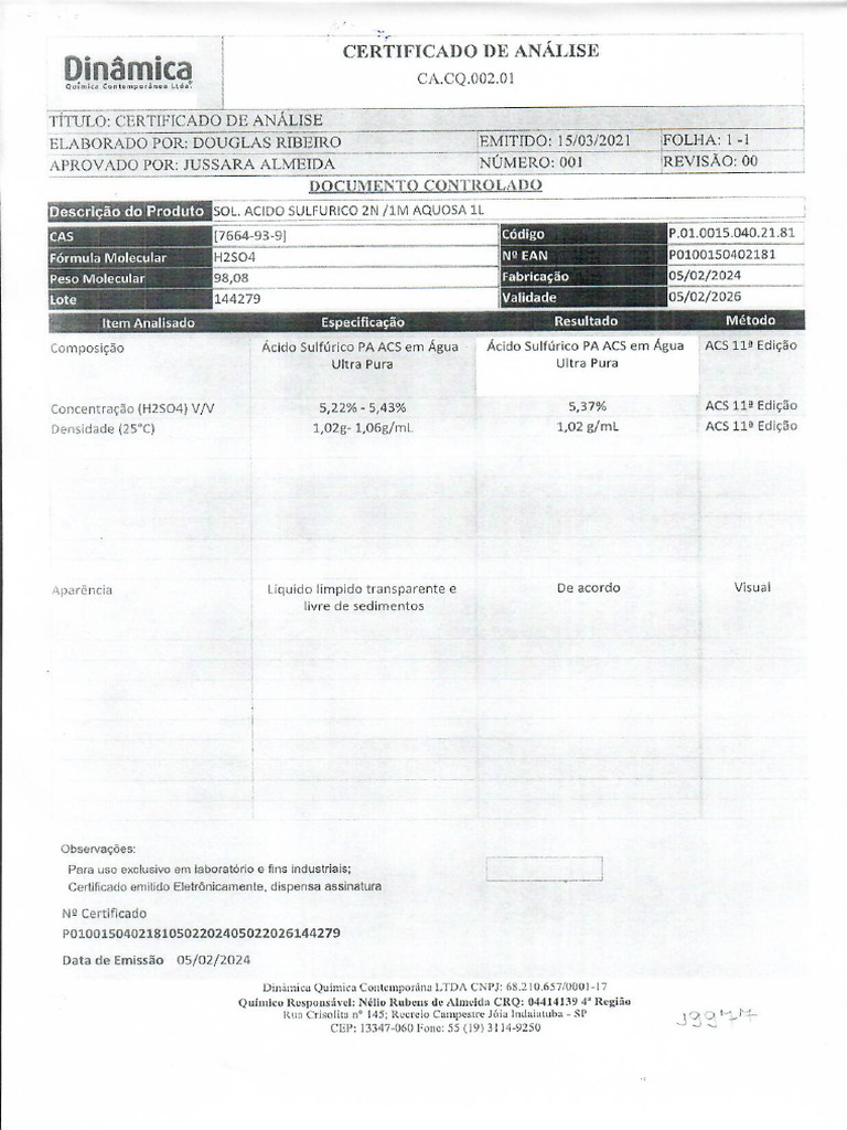CERTIFICADO DE ANALISE - NF 12753 | PDF