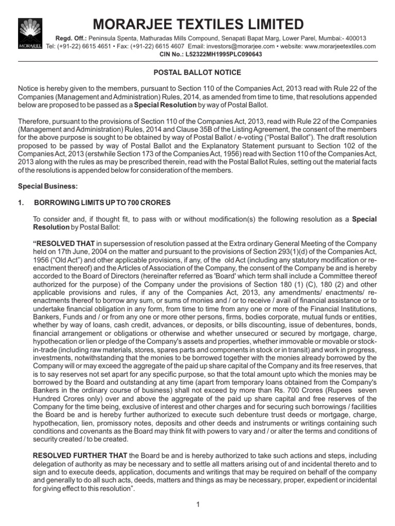 Postal Ballot Notice for Special Resolutions | PDF | Loans | Business