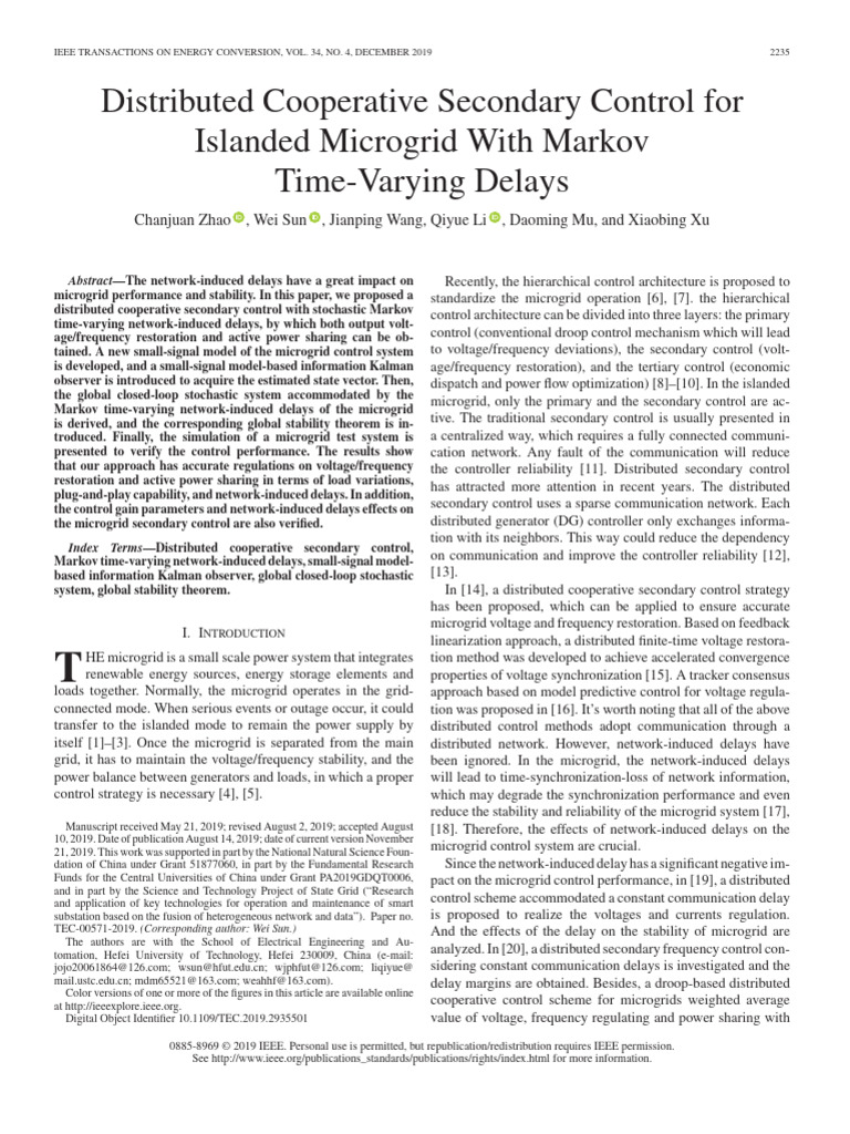 Distributed Cooperative Secondary Control For Islanded Microgrid With Markov Time Varying Delays