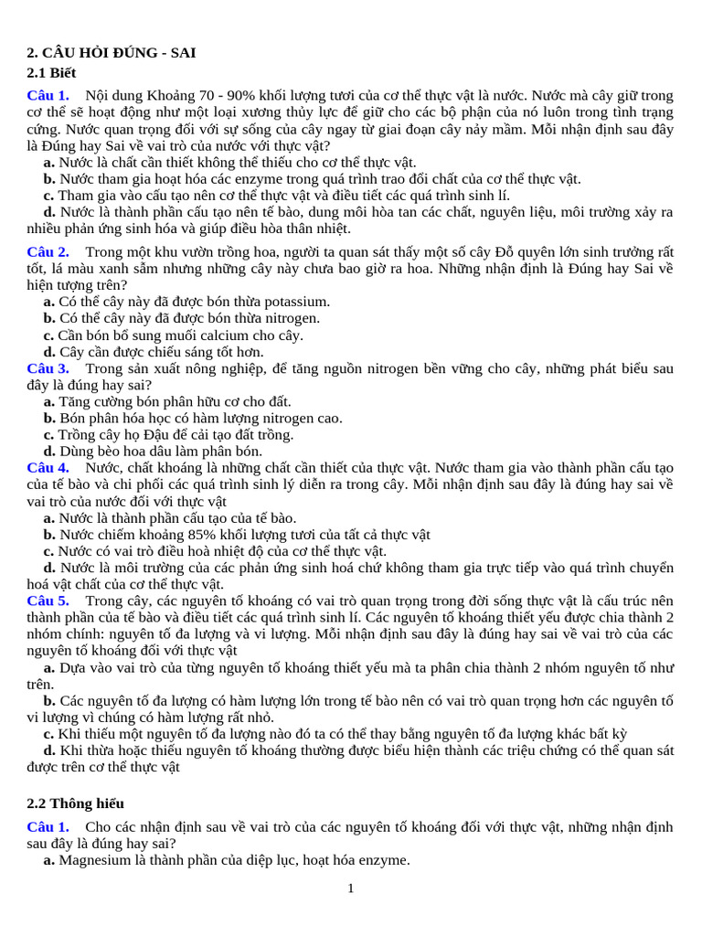 TN Đúng Sai 11 HK 1 | PDF